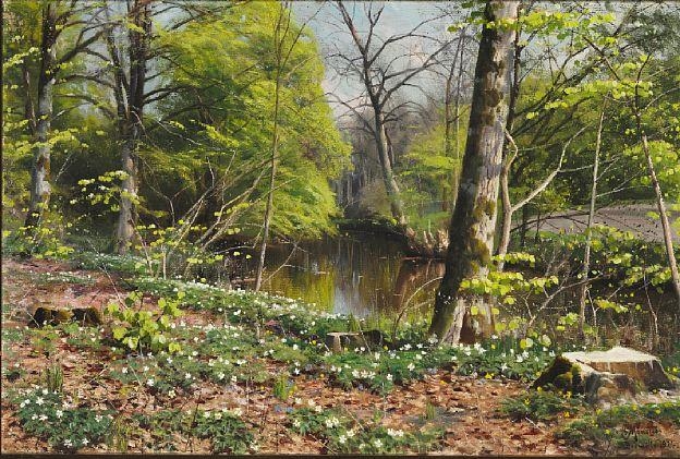 Peder Mork Monsted | Summer day on a lake. In the background a meadow with grazing cows (1903 ...