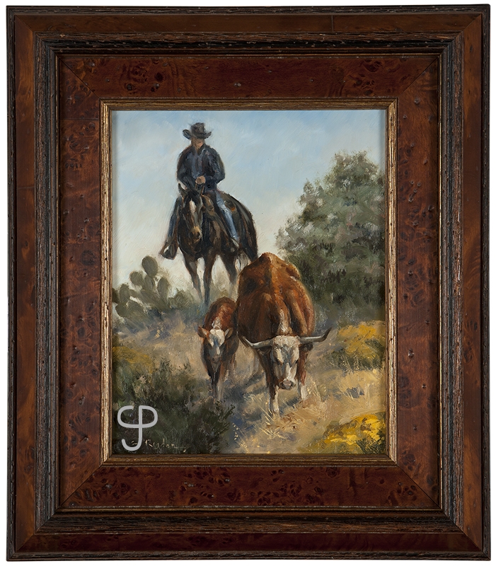 Cynthia Rigden | Cowboy moving a cow and calf | MutualArt