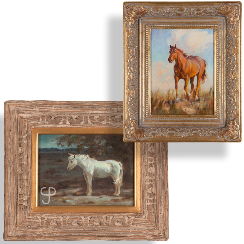 Shawn Cameron | Two works: A standing white horse and a trotting brown ...