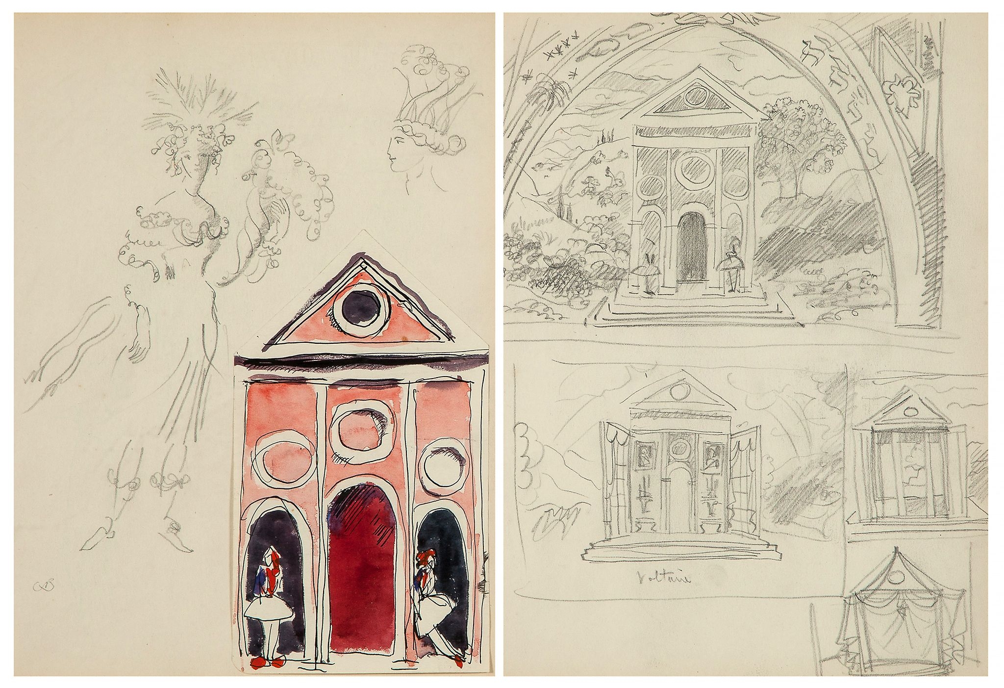 Cecil Beaton | 3 works, Set design for a pavilion or gatehouse, with ...