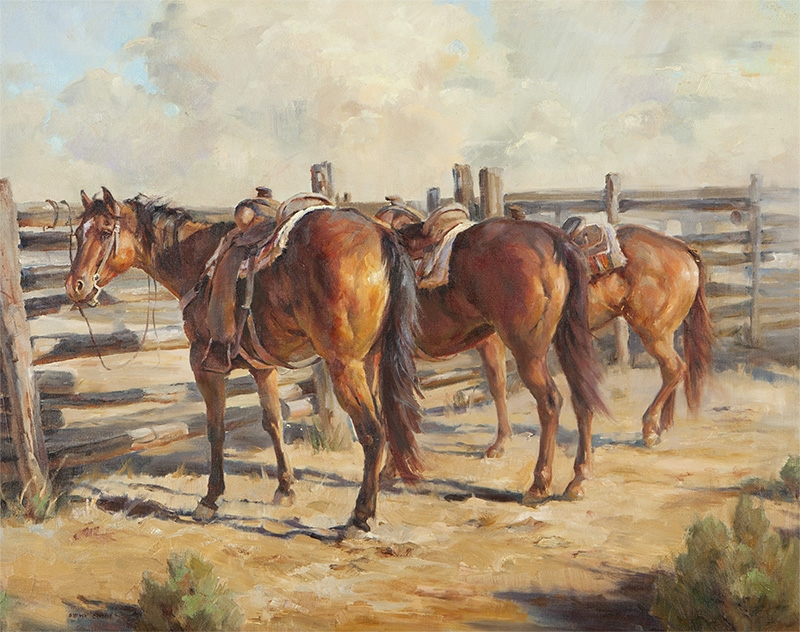 Shawn Cameron | Three saddled horses tied to a fence | MutualArt