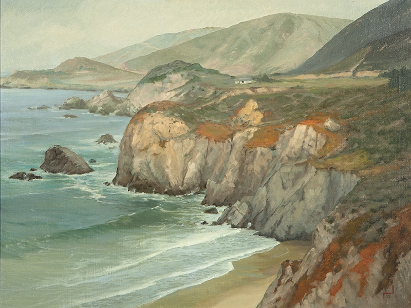 Robert Pummill | Brush-covered cliffs with beach inlet (1972) | MutualArt