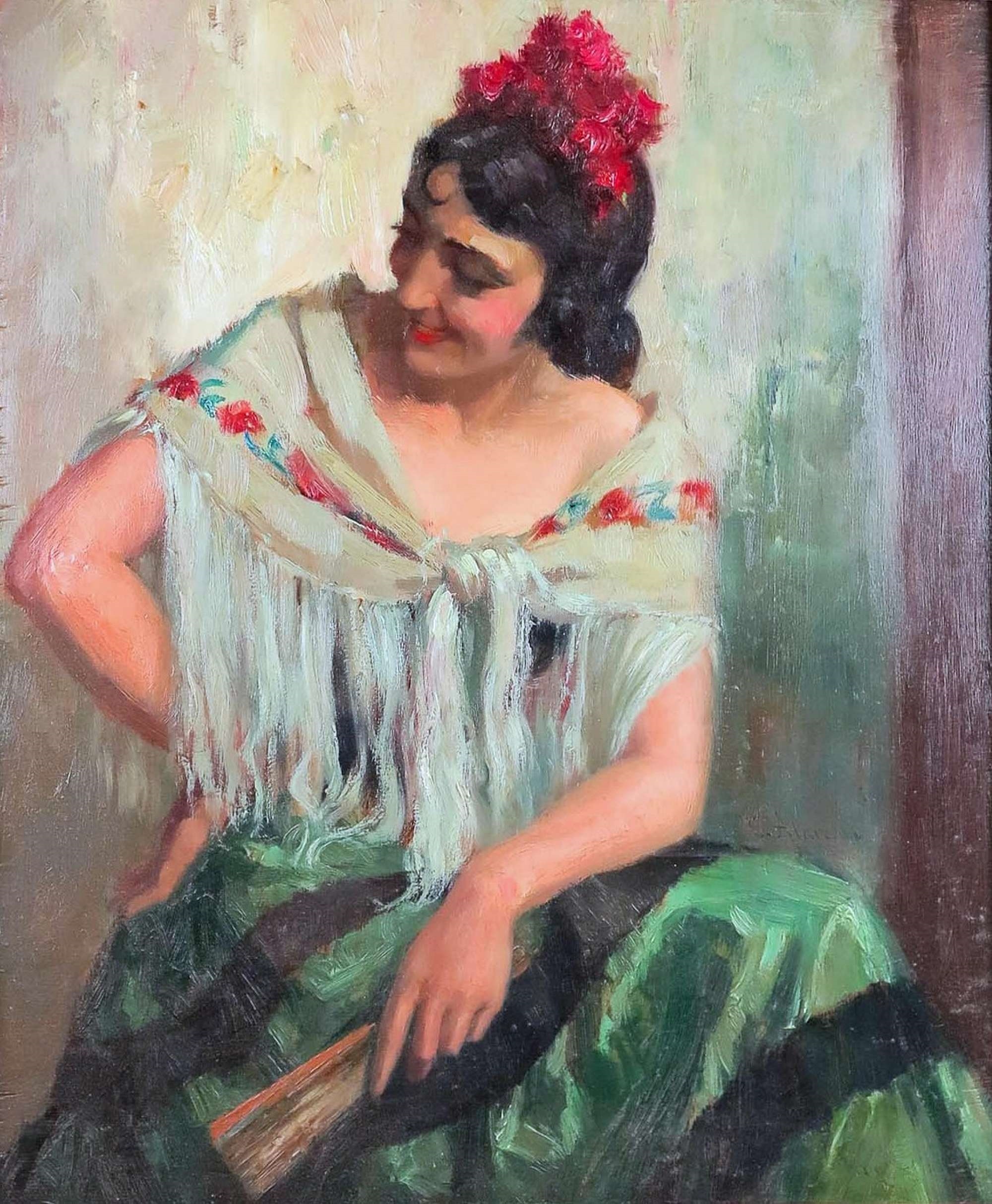 C. Alarcon | Portrait of a Spanish Lady with Shawl and Fan | MutualArt