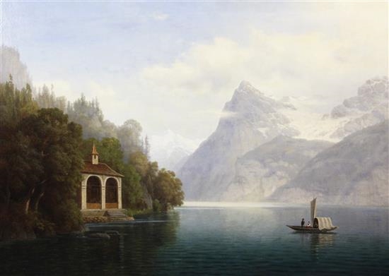 Leonhard Rausch | Swiss lake scene with figures in a ferry boat | MutualArt