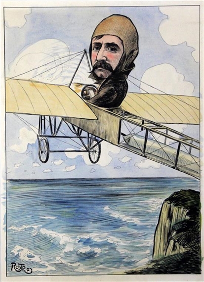 Unknown | Cartoon of Bleriot in his monoplane flying over the cliffs ...