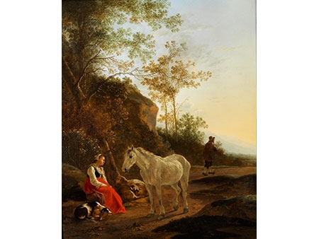 Adam Pynacker | LANDSCAPE WITH FIGURES AND HORSE | MutualArt