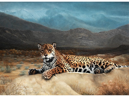 Charles Frace | RECLINING LEOPARD IN A DESERT LANDSCAPE IN FRONT OF A ...