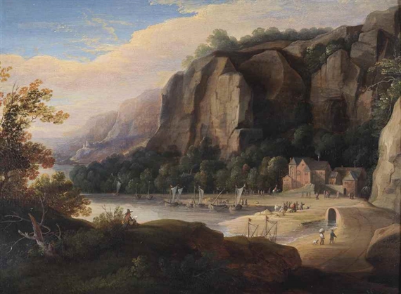 Jacques D'Arthois | A rocky cove with fisherfolk on the shore, an ...