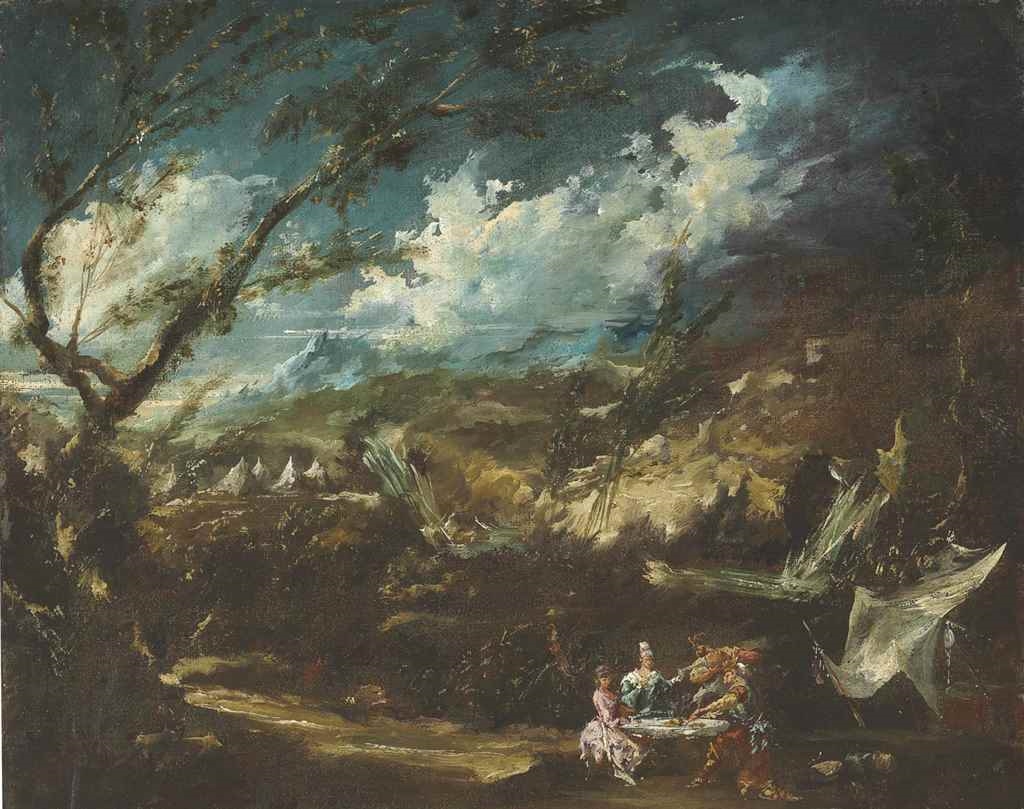 Giovanni Peruzzini | A river landscape with elegant company | MutualArt