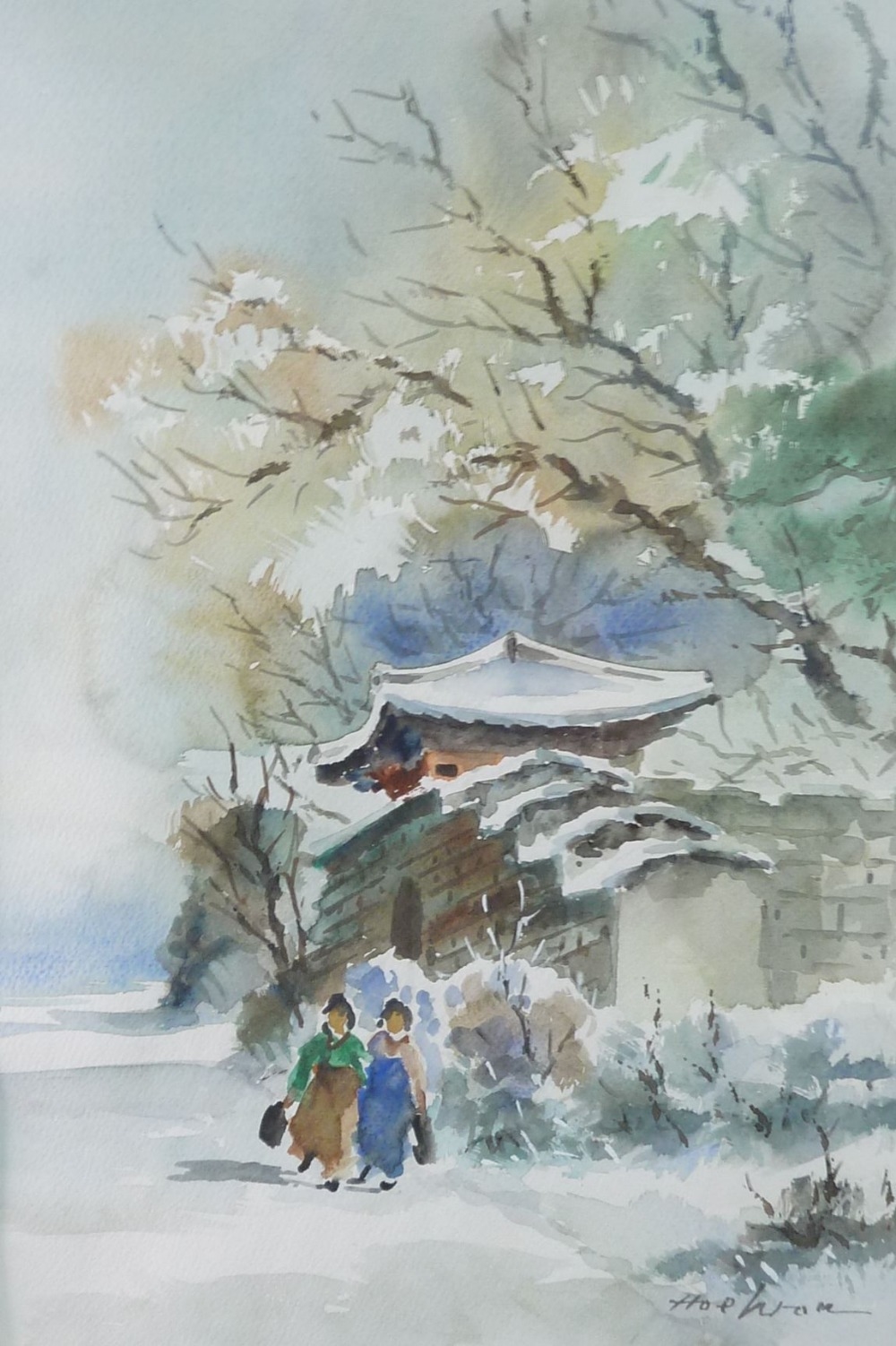 Hoe Wan | Figures Outside a Temple in the Snow (20th Century) | MutualArt