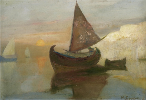 Michalis Economou | Fishing boats at sunset | MutualArt