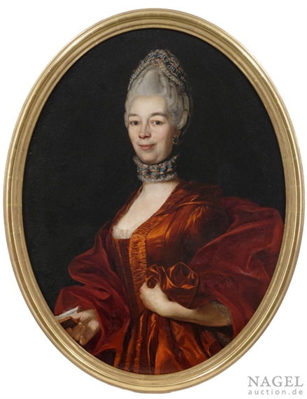 Angelo Banchero | Portrait of a lady in a red dress with a small book ...