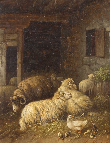 Adolf Nowey | painting of sheep resting in a barn | MutualArt