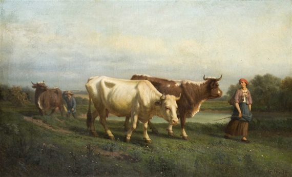 Guillaume Wintz | painting of a peasant girl leading the cows home ...