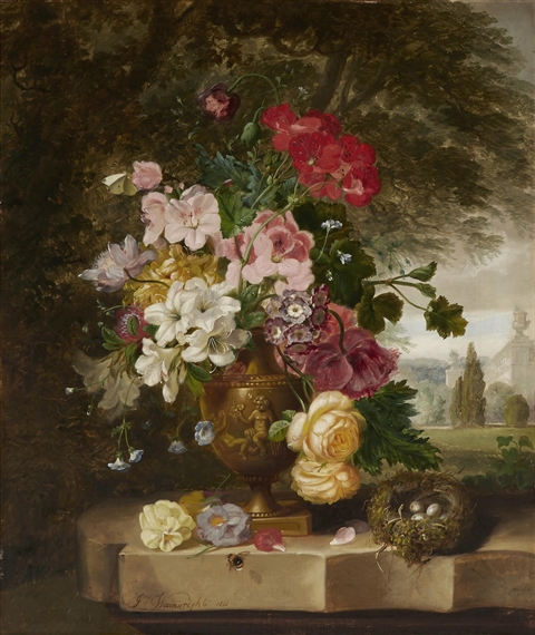 John Wainwright | A still life with flowers in a gilt amphora and bird ...