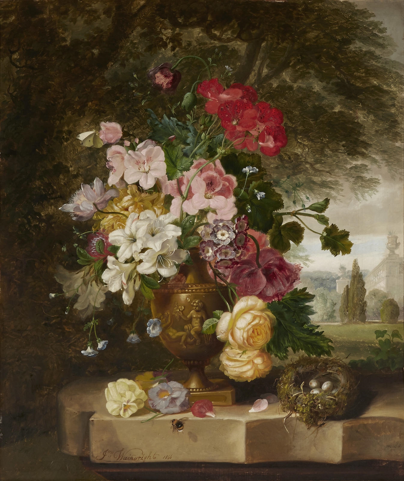 John Wainwright | A still life with flowers in a gilt amphora and bird ...