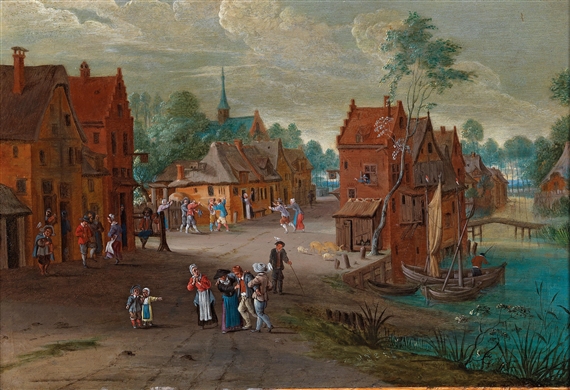 Pieter Gysels | A village road with numerous figures | MutualArt