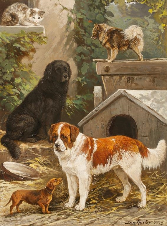 August Specht | A study of large and small dogs outside a building ...