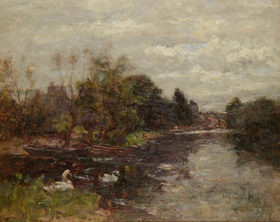 Joshua Anderson Hague | A landscape and river with trees to either bank ...
