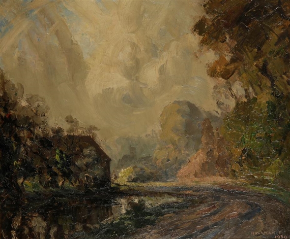 F. Hackman | A landscape view showing a path leading around a building ...