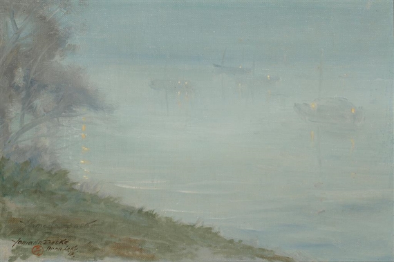 Yamada Baske | A nocturnal river landscape with lantern lit boats at ...