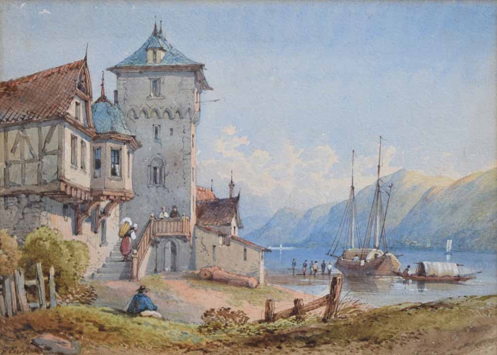 George Earp | Continental lake scene with figures and various boats ...