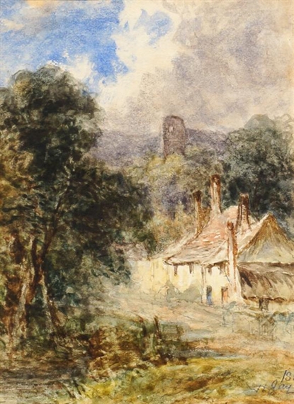 Jay Hamilton | View of an old cottage with woodland and a ruin beyond ...