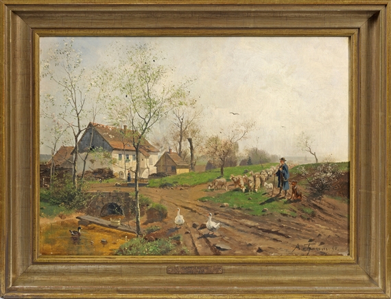 Adolf Gustav Thamm | Saxon spring landscape with shepherd in front of a ...