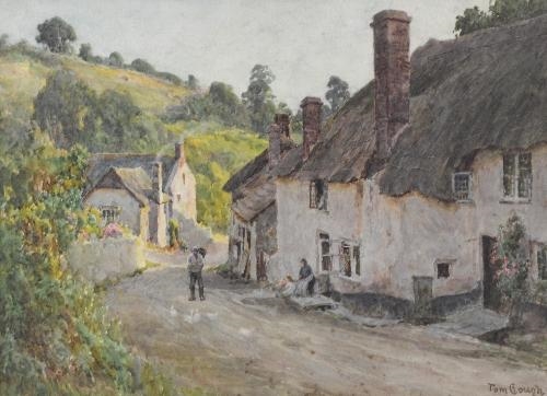 Tom Clough | Rural Landscape with Figures on a Path Beside Thatched ...