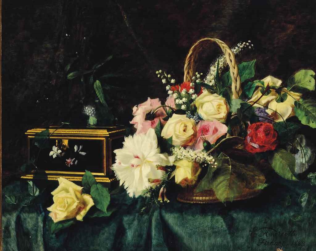 Federico Andreotti | A basket of flowers with an ornate box on a ledge ...