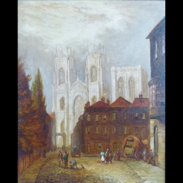 George Fall | York street scene with figures conversing and the Minster ...
