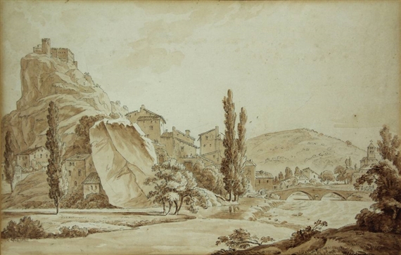 Pieter George Westenberg | Landscape with village on a hill and a river ...