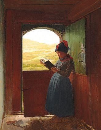 Johan Julius Exner | A Girl from Fanø Standing in the Doorway, Reading ...