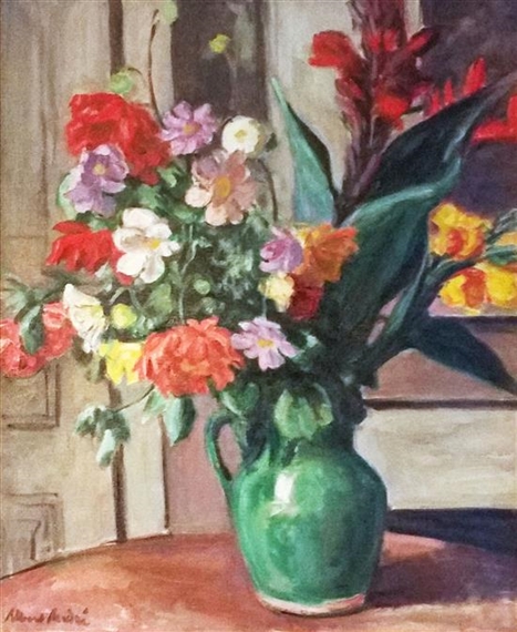 Albert André | Bouquet of flowers in the green vase | MutualArt