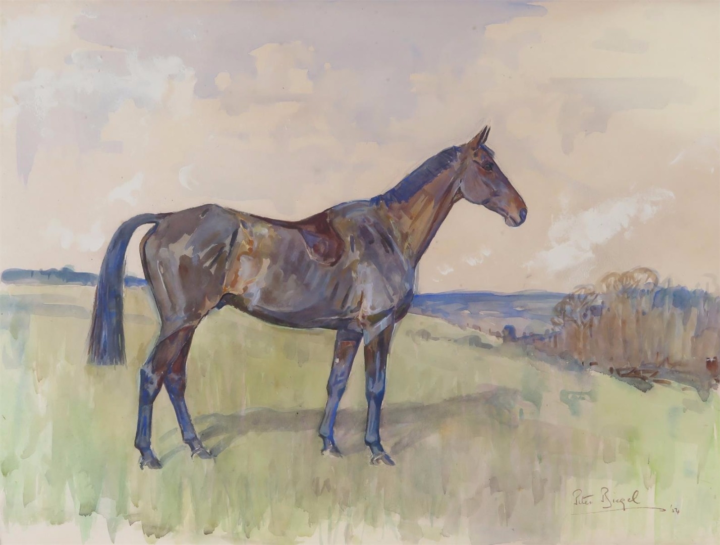 Peter Biegel | A brown hunter in a landscape (1954) | MutualArt