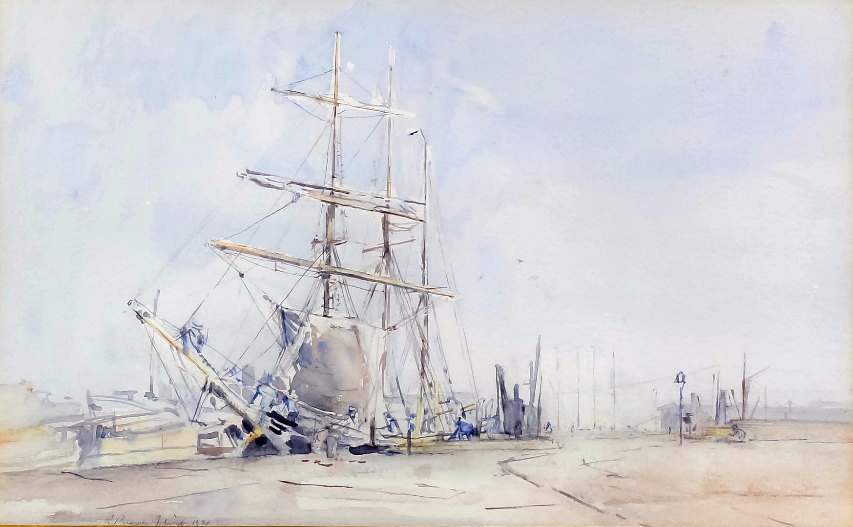 Robert Purves Flint | Three masted square rigged sailing ship at dock ...