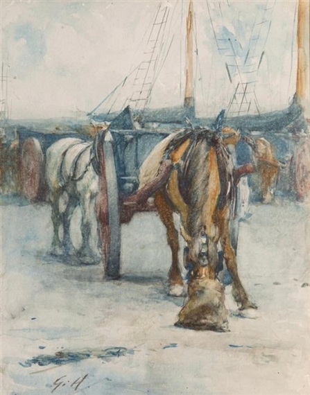 Gilbert Joseph Holiday | Horse drawn drays at the harbour side | MutualArt