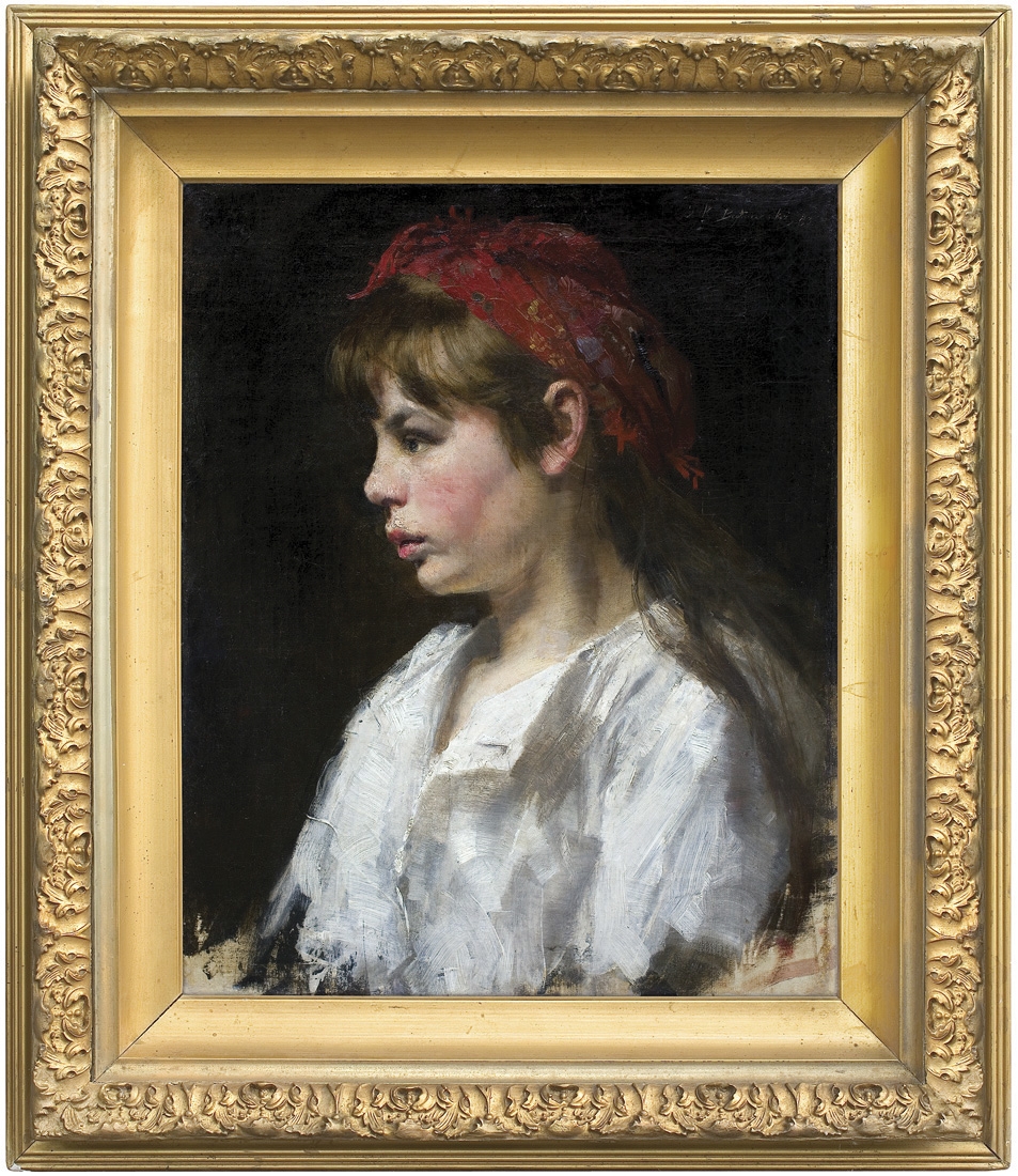 Stanisław Kaczor Batowski | Little girl in a red scarf (1886) | MutualArt
