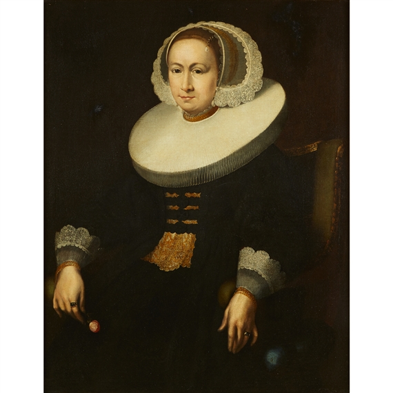 Jan Van Ravesteyn | PORTRAIT OF A LADY WITH WHITE RUFF AND CAP, HOLDING ...