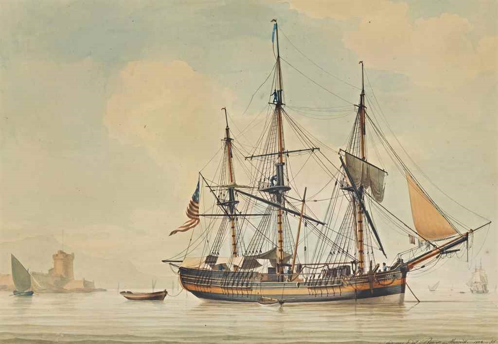 Antoine Roux | An American merchant frigate anchored by a tower (1802 ...