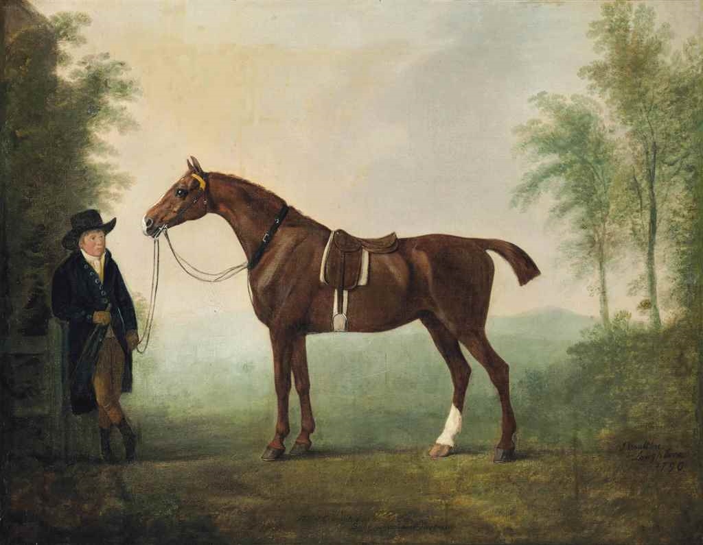 John Boultbee | A saddled chestnut hunter and groom (1790) | MutualArt