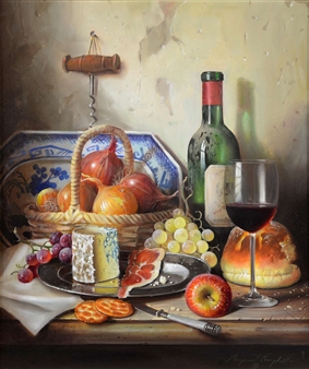 Raymond Campbell | Still life of table setting with copper kettle ...