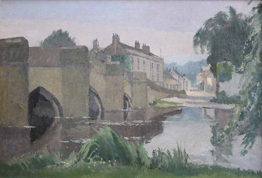 Harry Rutherford | Bridge over a river with village beyond | MutualArt