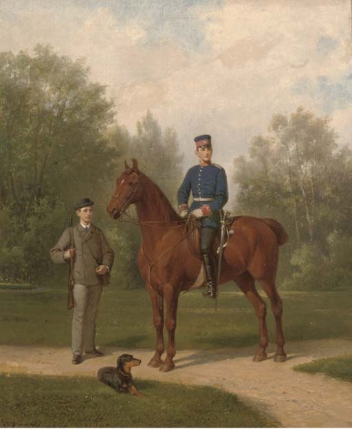Ludwig Behringer | A soldier on horseback, with a sportsman and dog in ...