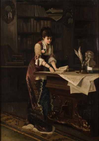 Thomas Musgrave Joy | Young lady studying in a library interior | MutualArt