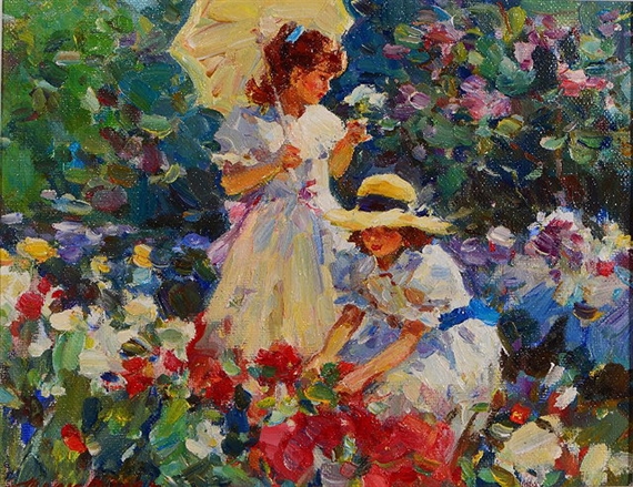 Vladimir Trush | Two young girls amidst flowers (2004) | MutualArt