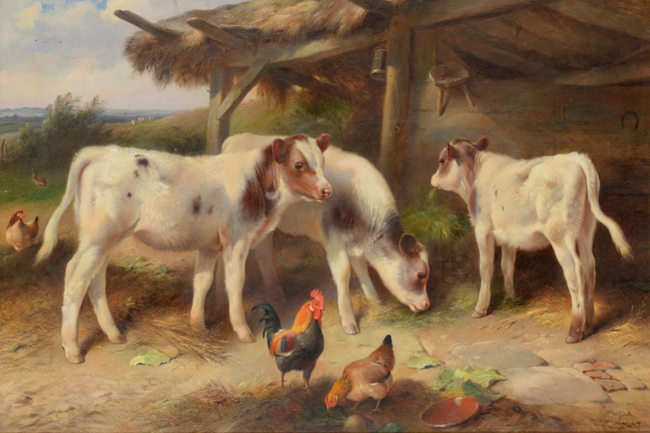 Walter Hunt | Calves feeding at a trough in a stable yard (1918 ...