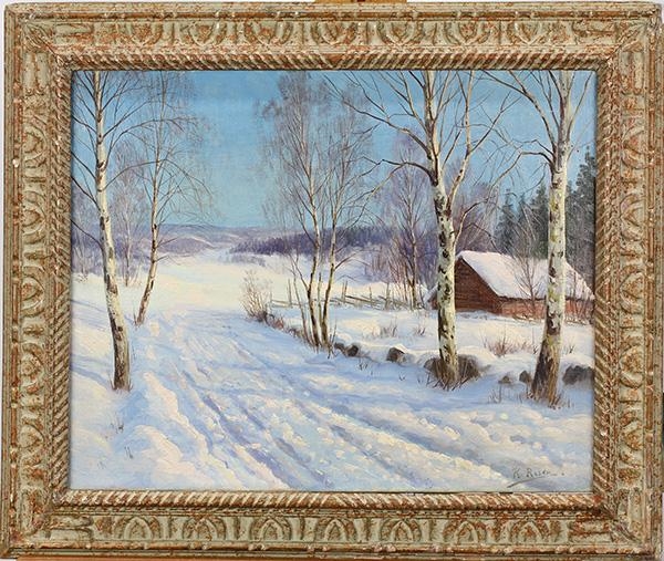 Karl Rosen | Winter Snowfall Scene with Cabin | MutualArt