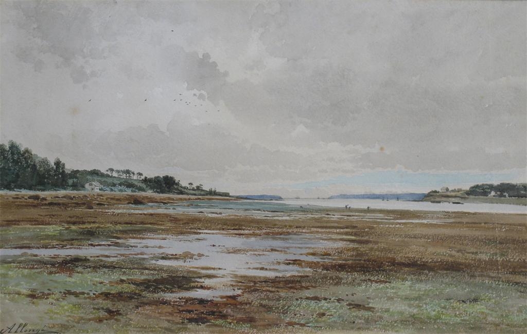 Auguste Allonge | 2 Works: An estuary landscape with figures shrimping ...