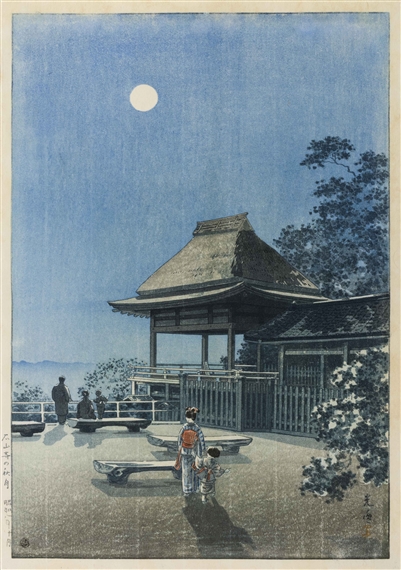 Tsuchiya Koitsu | Figures at a temple under a full moon | MutualArt